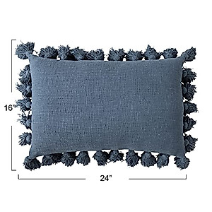 Creative Co-Op Woven Cotton Slub Lumbar Pillow with Crochet and Tassels, 24"L x 16"W x 2"H,Blue