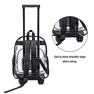 Rolling Clear Backpack, Heavy Duty See Through Bookbag, Transparent PVC Cold-resistant Backpack with Wheels ( Black)