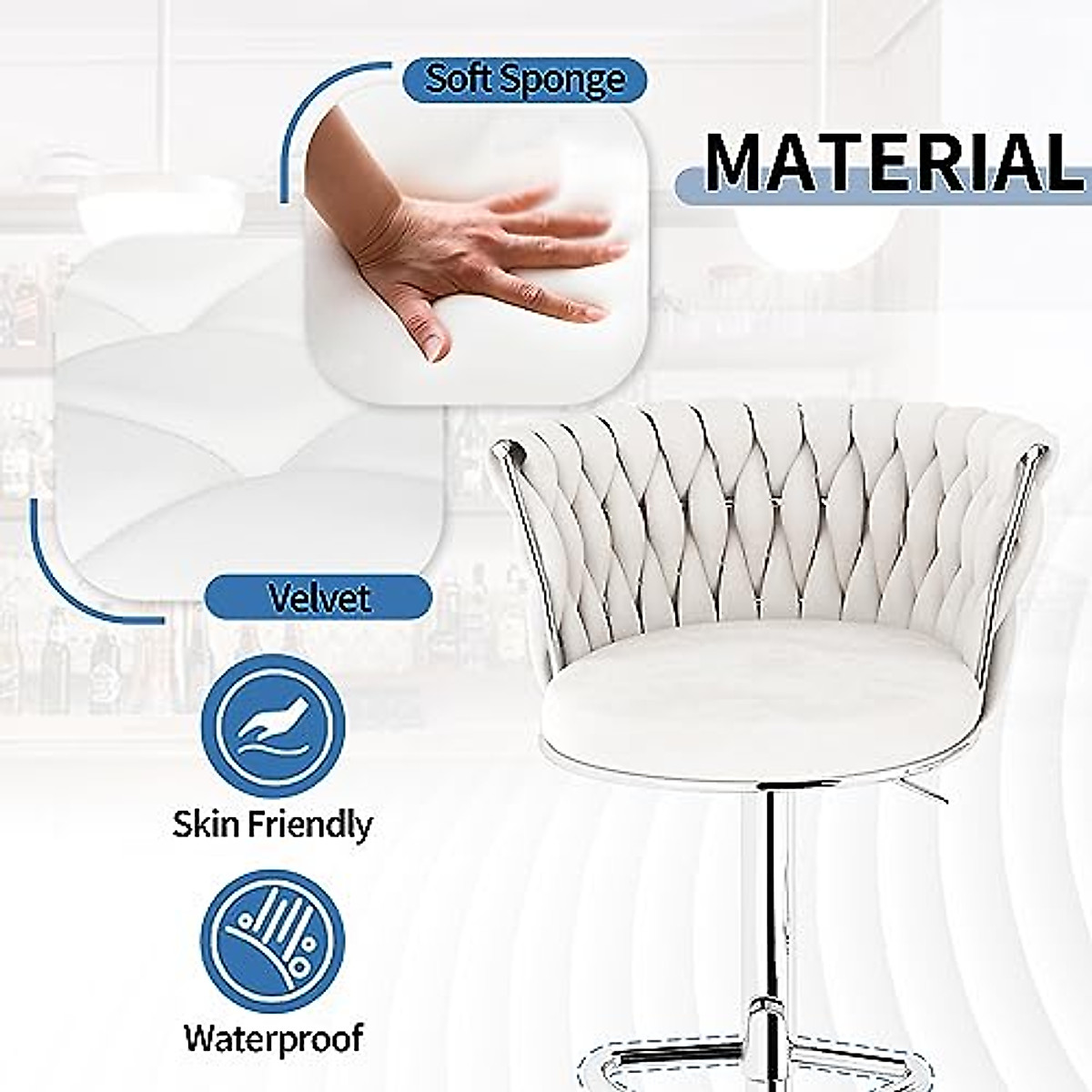 AWQM Velvet Bar Stool Set of 4,Counter Height Barstools Adjustable Kitchen Island Chairs,Swivel Bar Stools Upholstered Bar Chairs Counter Stool Armless Chairs with Back & Footrest, Beige