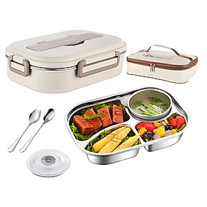 Bento Box,1500ml Stainless Steel Lunch Box,Versatile 4-Compartment Portable Lunch Box Container-Salad Lunch Containers for Adults/Kids with Soup Bowl Spoon Fork Thermos Bag Accessories (Creamy White)