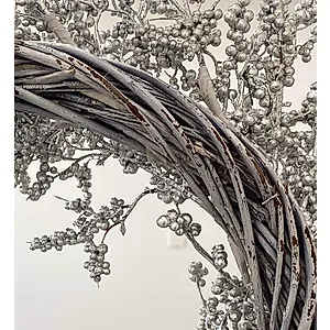 26 Inch Winter Front Door Wreath Silver Berry Wreath Winter Christmas Wreath with Silver Metallic Berry on Farmhouse Grapevine for Festival Celebration Front Door Wall Window Decoration Home Décor