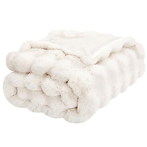 DREAMNINE Decorative Soft Thick Fuzzy Faux Rabbit Fur Throw Blanket for Couch Sofa, Reversible Plush Warm Fleece Fluffy Blanket for Winter, Luxury Cute Cozy Furry Blanket for Bed,50" x 60",Cream White