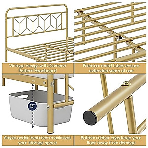 Yaheetech Metal Platform Bed Frame Mattress Foundation with Diamond Pattern Headboard/Footboard/Heavy Duty Steel Slat Support/Under Bed Storage/No Box Spring Needed/Full Size Antique Gold