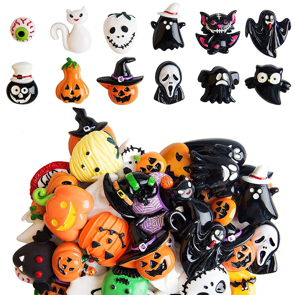 50PCS Halloween Slime Charms Kalolary Halloween Resin Flatback Charms Pumpkin Ghost Spider Skull Embellishments Ornaments Kawaii Halloween Buttons Miniatures for Craft Scrapbook Phone Case DIY Making