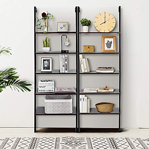 Tangkula 5-Shelf Bookcase, Modern 5-Tier Wood Wall Mounted Ladder Bookshelf with Metal Frame, 72 Inches Tall Industrial Open Ladder Shelf Display Rack Storage Shelves for Home Office (Dark-Brown, 1)