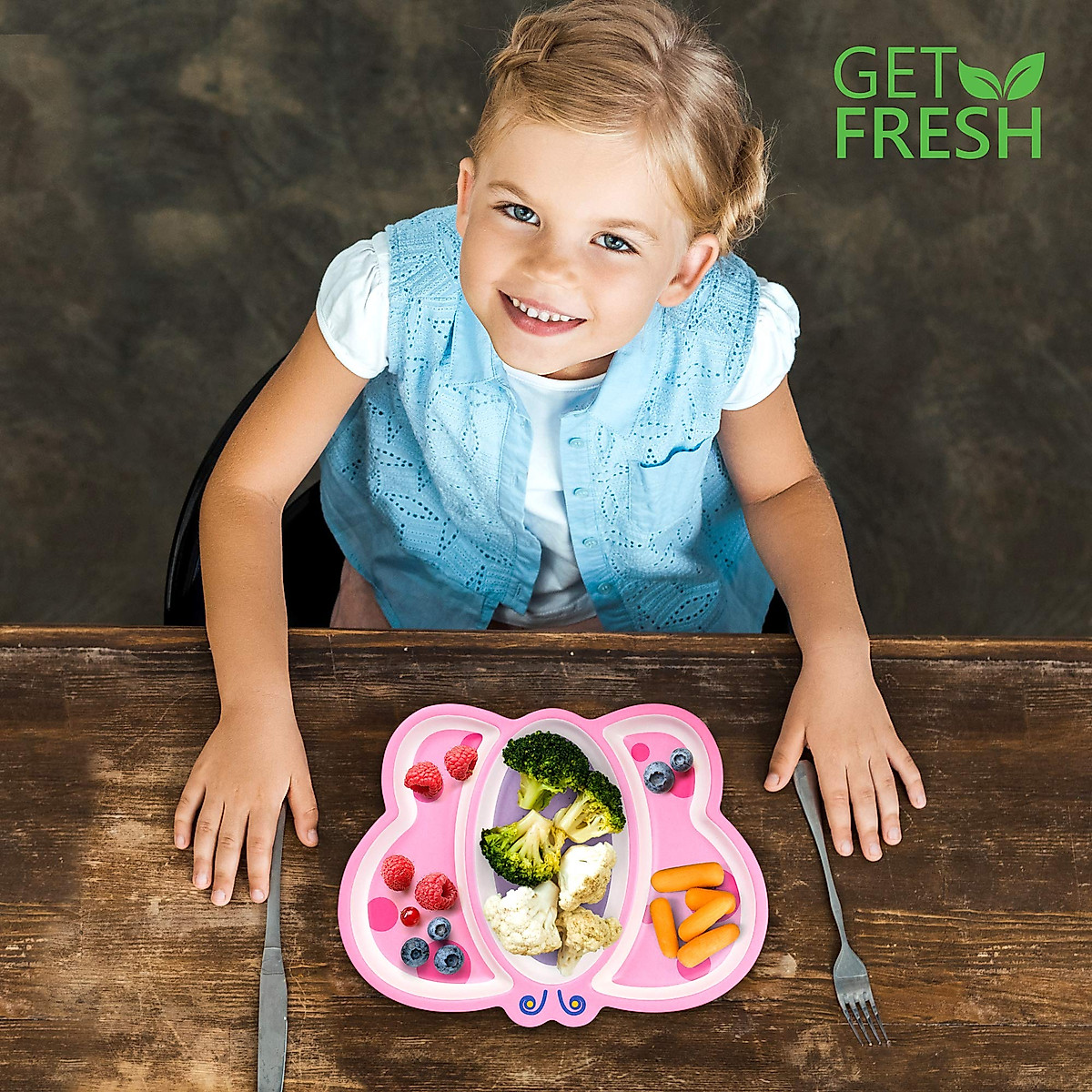 GET FRESH Bamboo Kids Divided Plates – 1pc Butterfly Sectioned Bamboo Fibre Childrens Plates – Cute Animal Bamboo Toddler Divided Plate – Reusable Bamboo Fibre Kids Plates with 3 Compartments