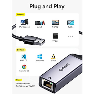 USB to Ethernet Adapter, Plug & Play USB 3.0 to 1000 Gigabit RJ45 LAN Ethernet Adapter for Laptop, Aluminium Portable USB Network Adapter Compatible for Nintendo Switch MacBook PC Mac Window - QUUGE