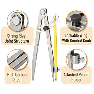 Mr. Pen- Professional Compass for Woodworking, 8 Inch Compass with Wing, Large Compass for Geometry, Compass Drawing Tool, Woodworking Compass, Pencil Compass for Carpenter, Drafting, Drawing Compass