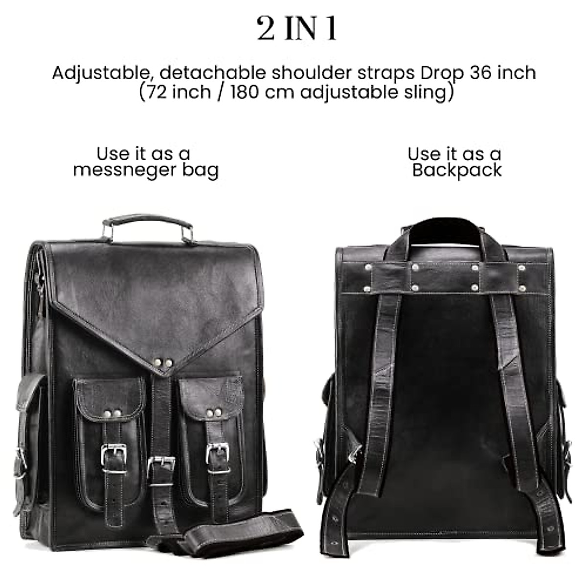 Handmade World Black Vintage Leather Backpack Laptop Messenger Bag Rucksack Sling for Men and Women (12" x 16")