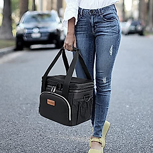 BALORAY 15L Black Insulated Lunch Bag for Men Women, Expandable Large Lunch Bags for work, Leakproof Double Deck Lunch Box Cooler Tote Bag with Adjustable Shoulder Strap