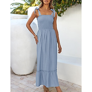 ZESICA Women's 2025 Summer Boho Spaghetti Strap Square Neck Solid Color Ruffle A Line Beach Long Maxi Dress,Blue,Small