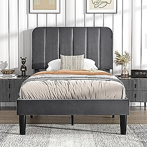 VECELO Twin Size Upholstered Bed Frame with Adjustable Headboard, Velvet Platform Bedframe Mattress Foundation, Strong Wood Slat Support, No Box Spring Needed,Dark Grey
