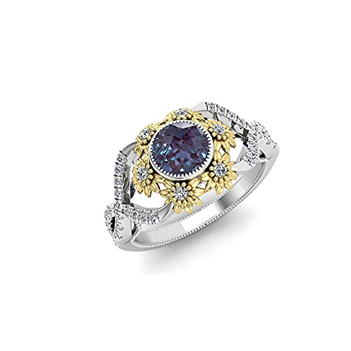 2 1/2 CT Round Shape Simulated Violet Alexandrite & White Cubic Zirconia Floral Wedding Engagement Ring in 14K White Gold Plated 925 Sterling Silver (2.50 Cttw) Ring Size - 6