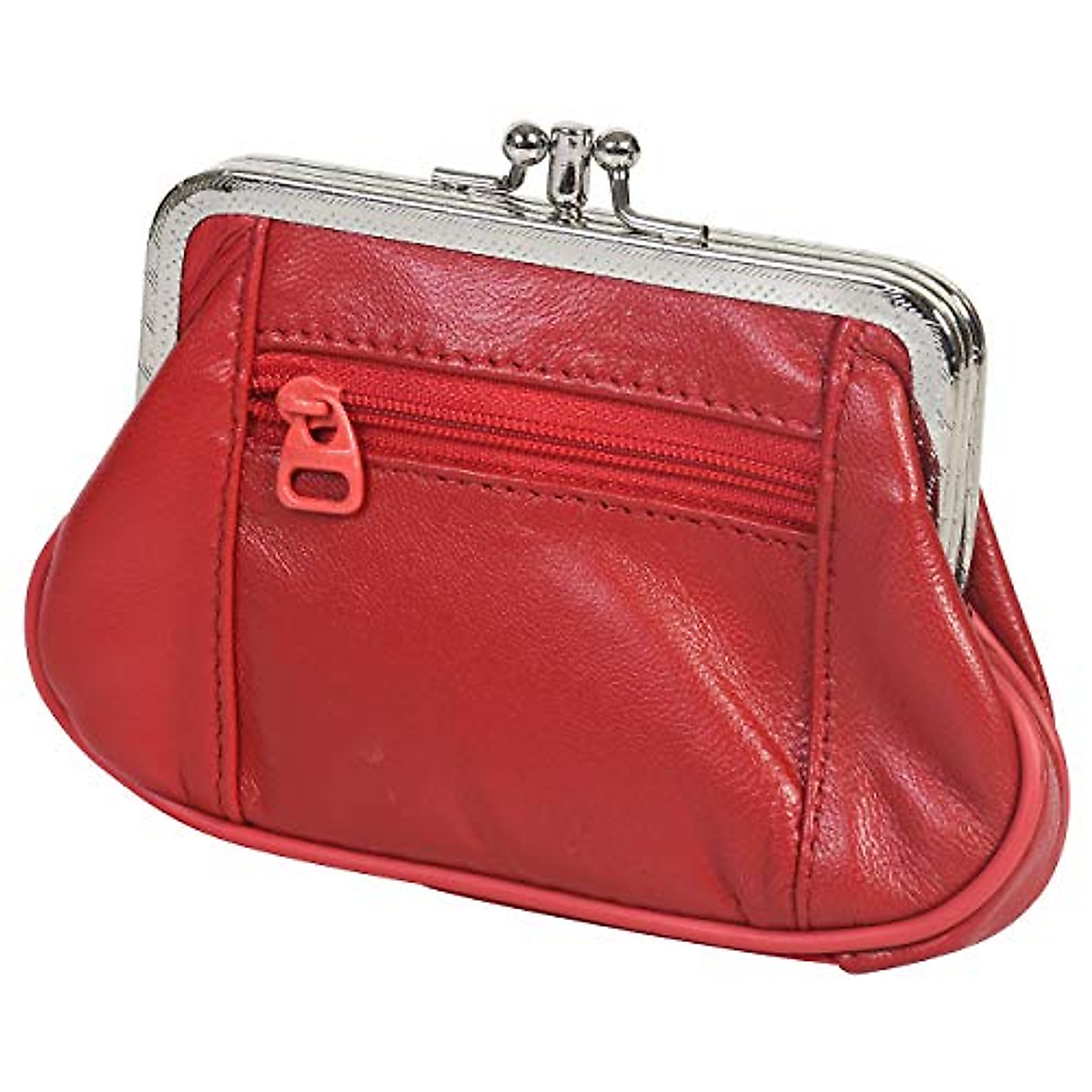 Women's Leather Metal Frame Double Clasp Zipper Coin Purse 5 1/4" x 3 1/4" (Red)
