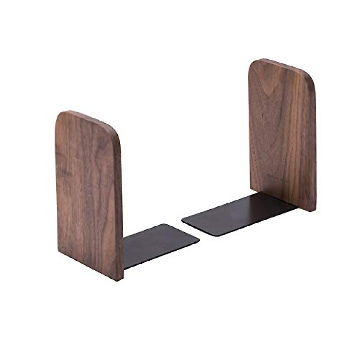 Vintage Wooden Bookends with Metal Base 2 Pcs Heavy Duty Black Walnut Book Stand with Anti-Skid Dots for Office Desktop or Shelves