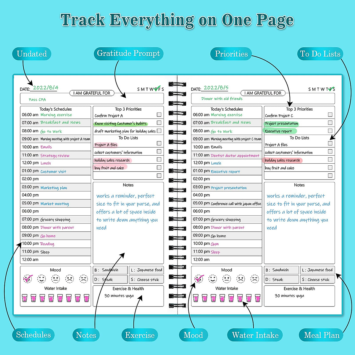 Planner, Daily Planner with To Do List, Hourly Appointment, Contacts and Passwords, Undated, Day Planner for College Students and Work, Flexible Cover, Elastic Closure, Inner Pocket, A5 (Blue)