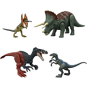 Mattel Jurassic World Dominion Survival Instincts Dinosaur Starter Set, 4 Toy Figures Including Blue, Dilophosaurus & 2 Roar Strikers