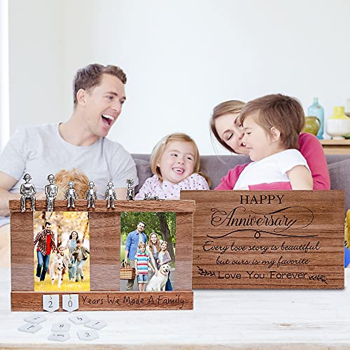 EVA murmure Personalized Romantic Wedding and Anniversary Keepsake Box with Family Statue - Wooden Memory Picture Box for Cherished Keepsakes and Ticket Storage - Elegant House Decor and Couple Gift