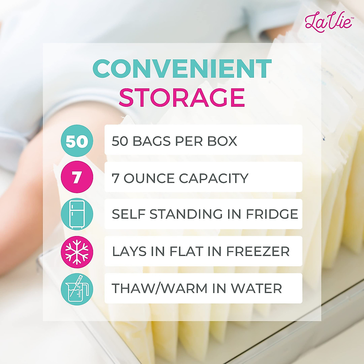 LaVie Breast Milk Storage Bags, 50 Count, 7 Ounce, Pre-Sterilized Breast Milk Containers, Leak-Proof, Space Saving, Self Standing for Refrigerating or Freezing Breast Milk (Pink)