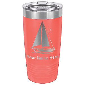 LaserGram 20oz Vacuum Insulated Tumbler Mug, Sailboat, Personalized Engraving Included (Coral)