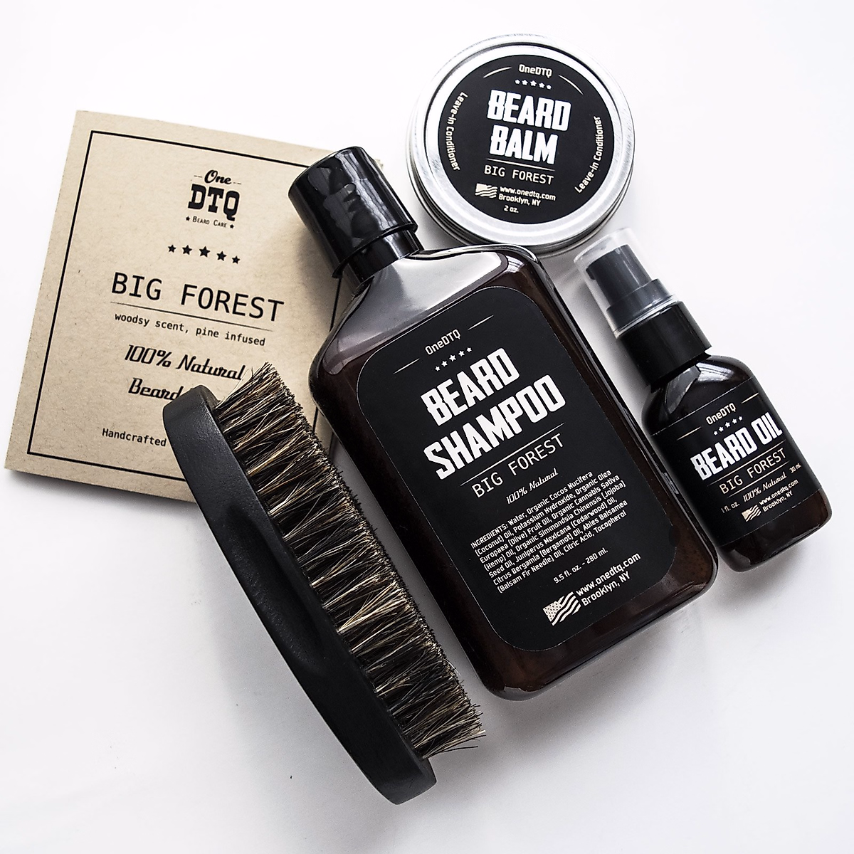Big Forest Beard Treatment Kit - Shampoo 9 oz - Oil 1 oz - Beard Balm 2 oz - Brush - Wood Scent - 100% Natural and Organic Beard Growth Care Products in Premium Gift Box