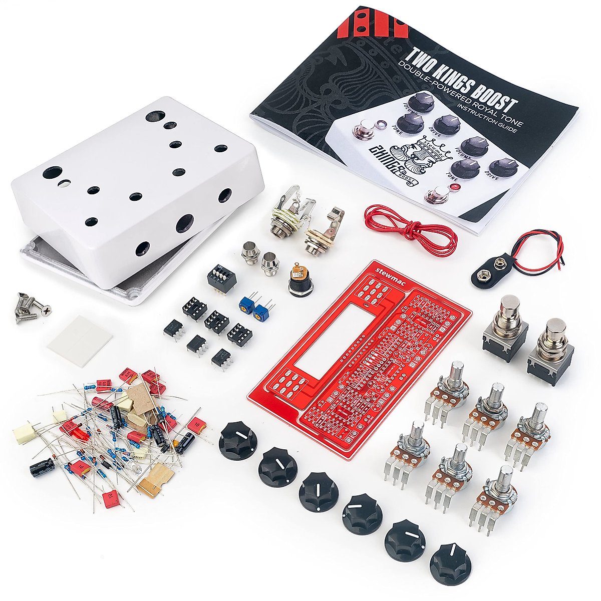 StewMac Two Kings Boost Pedal Kit With White Enclosure, 9 Volt Battery, and DC Powered, Based on the King Of Tone