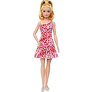 Barbie Fashionistas Doll #205 with Blond Ponytail, Wearing Pink and Red Floral Dress, Platform Sandals and Hoop Earrings