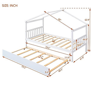 voqoomkl Twin Size Floor Bed with Twin Size Trundle, Wooden House Bed with Headboard and Footboard, Daybed with Roof Design and Wood Slats Supprt for Boys Girl Bedroom, No Box Springs Required, White