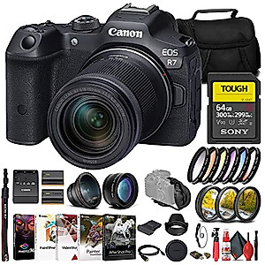 Canon EOS R7 Mirrorless Camera with 18-150mm Lens (5137C009) + Sony 64GB Tough SD Card + Filter Kit + Wide Angle Lens + Telephoto Lens + Color Filter Kit + Lens Hood + Bag + Charger + More (Renewed)