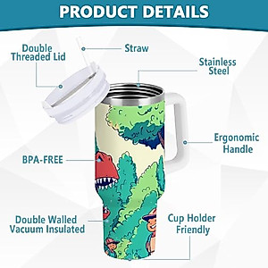 Nexawaveo Dinosaur with Boys Tumbler With Handle And Straw 30-40oz Insulated Tumbler Cups With Lid Stainless Steel for Cold Water and Drinks for School Work Sports Car Travel and Weekends