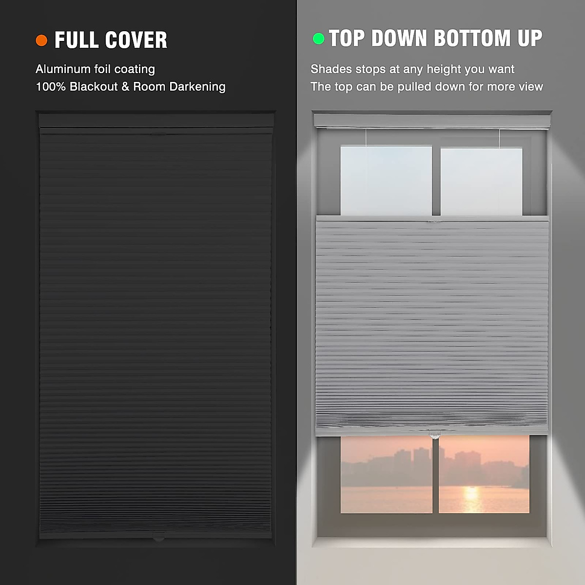 Changshade Custom Top Down Bottom Up Cellular Shades Cordless Blackout, Honeycomb Blinds Room Darkening Window Shades, 1.5" Cell Pleated for Office,Bedroom, Child, Bathroom, Easy to Install,White