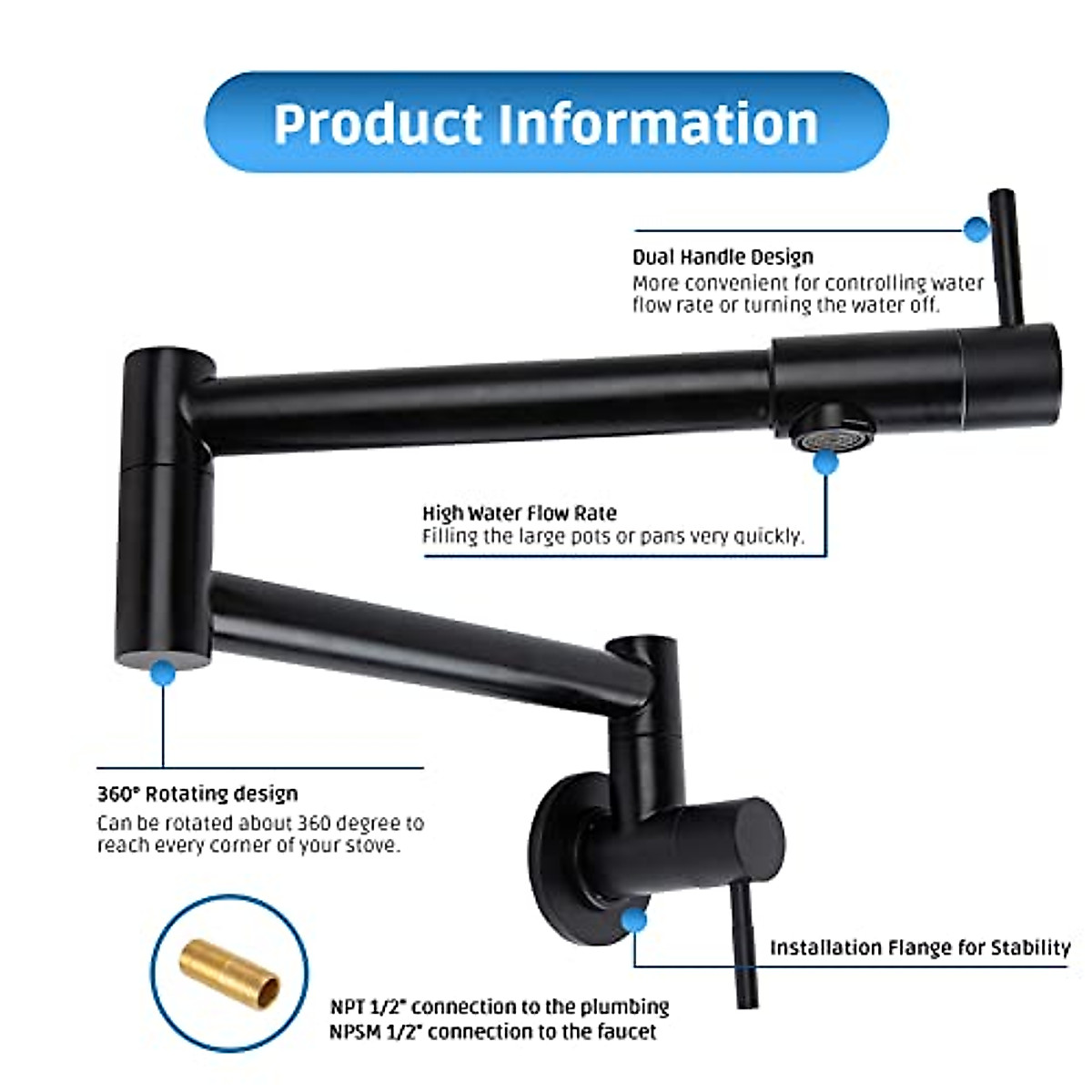 Allkorma Pot Filler Faucet Matte Black, Wall Mount Kitchen Stainless Steel Faucets, 19.7" Folding Stretchable Faucet, 2 Joint Swing Arm with 2 Handles