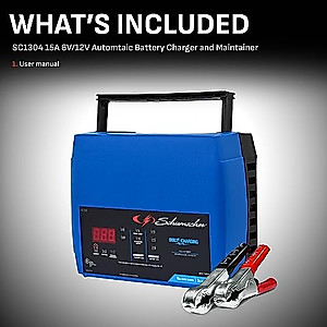 Schumacher Electric SC1304 Fully Automatic Rapid Battery Charger and Maintainer for Motorcycle, Power Sport, Boat, Car, and Truck Batteries, 15 Amps, 6 Volt, 12 Volt, Blue, Black, 1 Unit