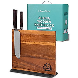 Magnetic Knife Block Holder Rack - Acacia Wood Cutlery Storage for 12 Knives Double Sided Magnets & Non-Slip Base - Knives Not Included