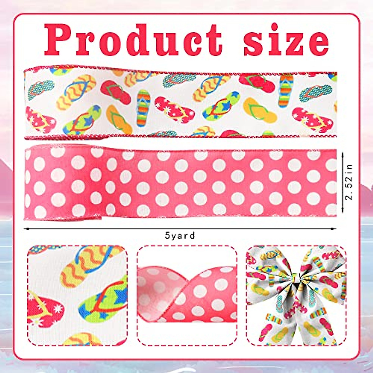 Hying 2 Rolls Summer Slipper Ribbons Wired for Wreath Bows Wrapping Gifts, Beach Slipper Dots Ribbon for Gift Wrapping Birthday Party Decoration DIY Crafts 2.5" X 10 Yards Rose Dots Wired Edge Ribbon