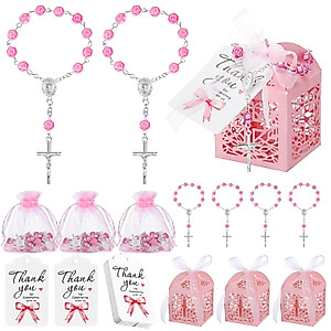 Yuxung 100 Pcs Baptism Favors Set Includes 25 Pcs Mini Rosary 25 Pcs Cross Boxes 25 Pcs White Organza Bags 25 Pcs Thank You Tags for Shower Supplies Guest Return Gifts for Wedding, Pink