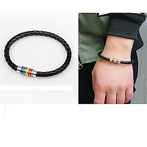 PHOGARY Gay Pride Bracelet LGBT Rainbow Bracelet (2 Packs), Couple Black Leather Bracelet Men’s Women’s Bangle with Rainbow Striped Stainless steel Magnetic Clasp 22cm