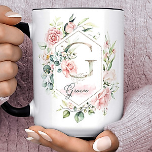 Pink Roses Floral Monogram Initial Coffee Mug | Pretty Spring Floral Bridesmaid Gift Microwave Dishwasher Safe Personalized Cup