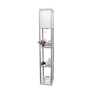 Simple Designs LF1014-GRY Etagere Organizer Storage Shelf Linen Shade Floor Lamp, Gray