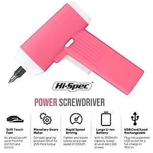 Hi-Spec 34pc 3.6V Pink USB Small Power Electric Screwdriver Set for Women. LED Light, Li-ion Battery, Cordless & Rechargeable with Driver Bit Set.