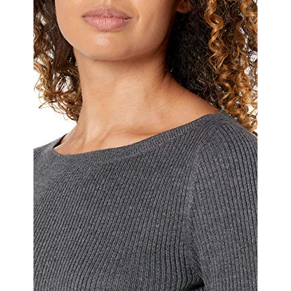 Amazon Essentials Women's Lightweight Ribbed Long-Sleeve Boat Neck Slim-Fit Sweater, Charcoal Heather, Medium