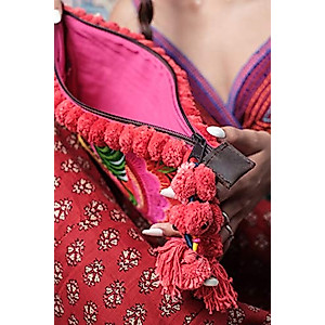Red Pom Pom Clutch Bag with Embroidered Hmong Tribes Orchid Pattern