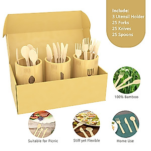 Raslate 3 Bamboo Silverware Utensil Organizers Flatware Holders with Biodegradable Wooden Cutlery Set Disposable 25 Forks 25 Spoons 25 Knives for Eating Eco Friendly Serving Natural Cutlery
