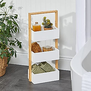 mDesign Free-Standing 3-Tiered Shelf for Bathroom, Wood Bamboo Storage Rack Room Decor Shelves - Decorative Organizer Bins for Bath Towels, Hand Soap, and Toiletries - White/Natural