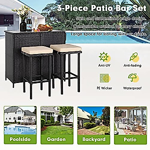 Cemeon Outdoor Bar 3-Piece Patio Bar Set with Two Stools and Glass Top Bar Table Brown Wicker Patio Furniture with Removable Cushions