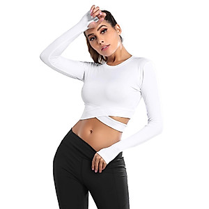 DREAM SLIM Women Long Sleeve Crop Tops Tummy Cross Crewneck Yoga Running Shirts Gym Workout Crop Tops with Thumb Holes (White Long, S)