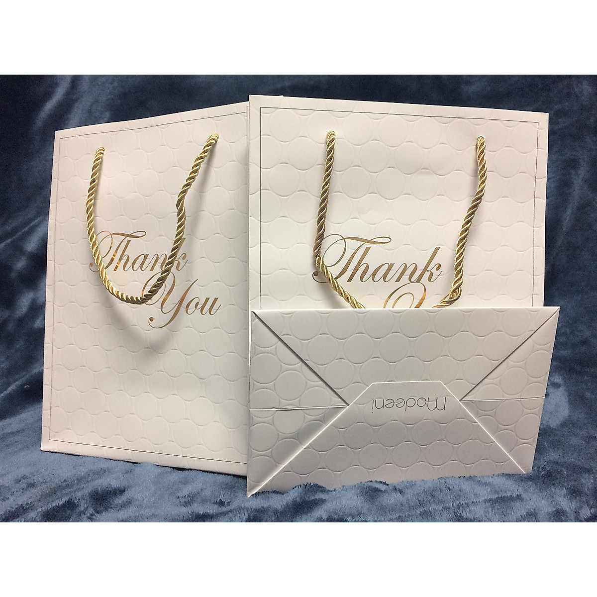 MODEENI White Thank You Gift Bags with Handles 12 Pcs Paper Medium 8x10 Fancy Gold Foil Luxury Event Shopping 8x5x10 Premium Quality Cute Matte Modern Elegant Embossed Birthday Merchandise Clothing Business Wedding