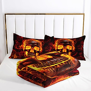 AILONEN Sugar Skull Comforter Set Twin Size,Red and Black Fire Skull Bedding Set,Romantic Red Rose Gothic Skeleton Comforter with 2 Pillowcases,3-Piece