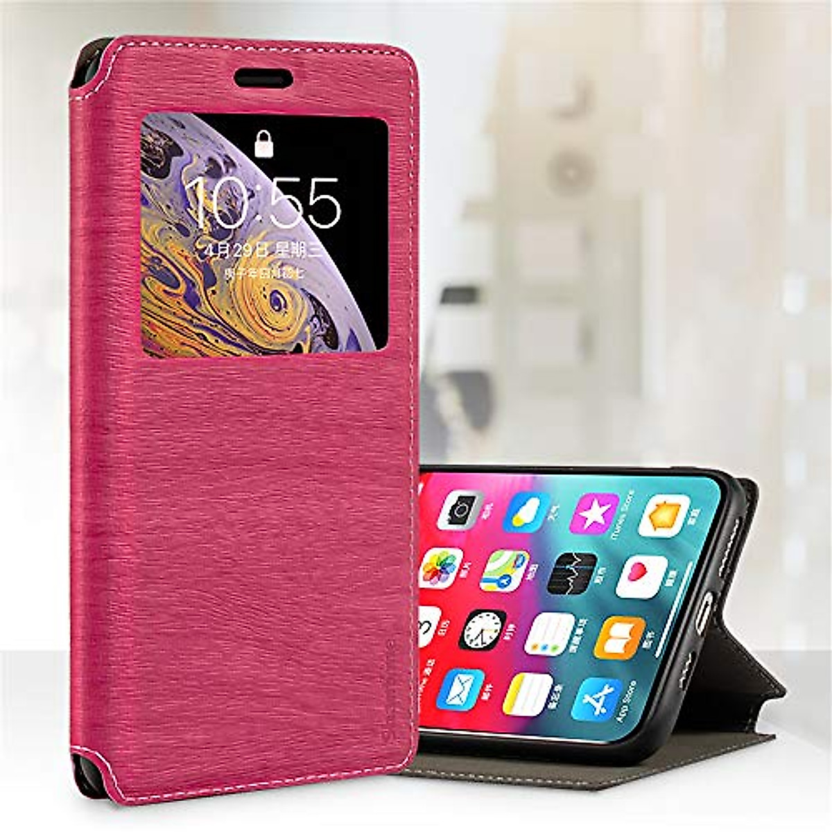 for Gigaset GS160 Case, Wood Grain Leather Case with Card Holder and Window, Magnetic Flip Cover for Gigaset GS160 (5”)