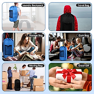 Clysee 2 Pack XL Laundry Backpack with Shoulder Straps and Mesh Pocket Portable Laundry Bag with Drawstring Closure Dorm Essentials for College, Dorm Room, Apartment(Black, Blue)